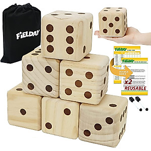 JOYIN 3.5 inch Giant Wood Yard Dice Large Dice Game Set with 6 Wooden Dice, 2 Double Sided Score Sheets, Dry Erase Marker, and a Durable Storage Bag, Good Yard Games for Kids and Adults