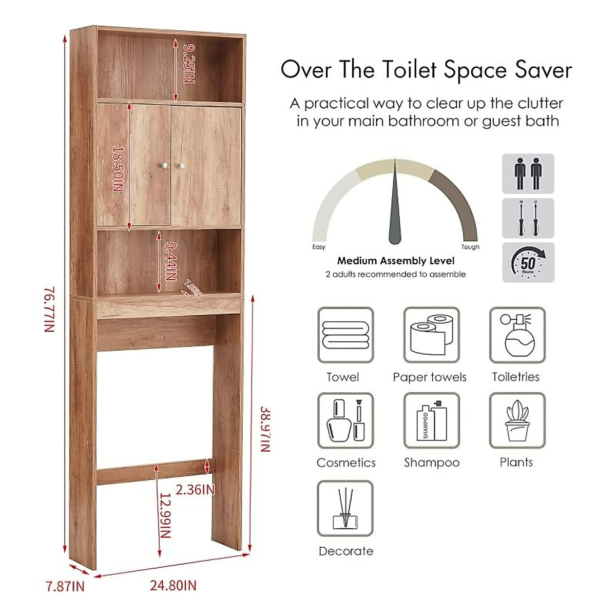 Nicemoods Over The Toilet Storage Cabinet, 77'' Taller Bathroom Organizer Shelf Space-Saving Collect Cabinet with Shelves and Double Doors, Brown