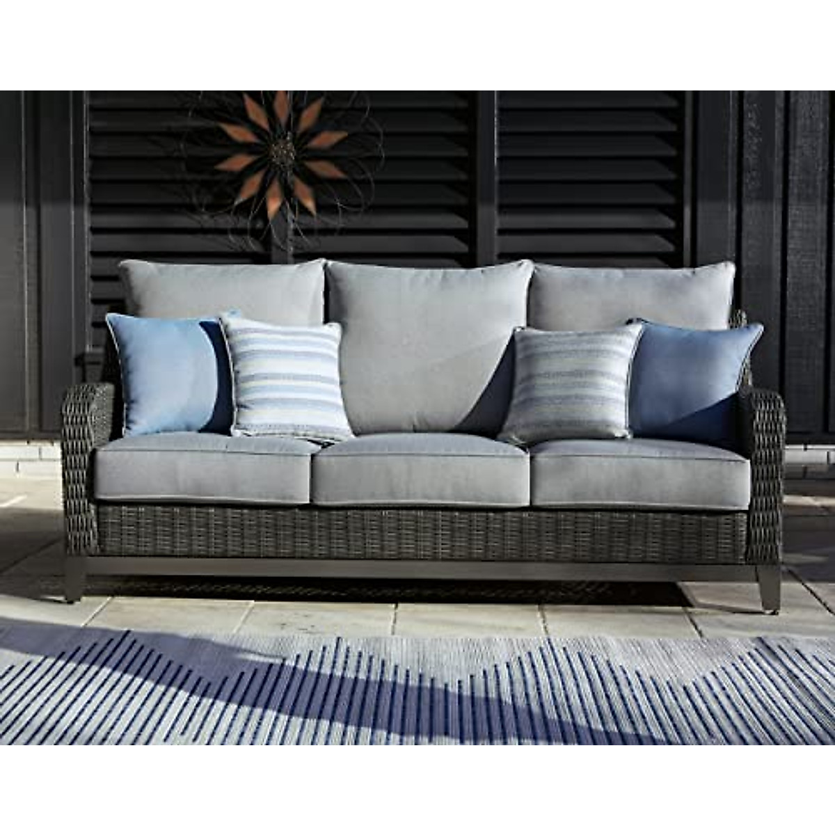 Signature Design by Ashley Outdoor Elite Park Patio Wicker Sofa with Cushion, Gray