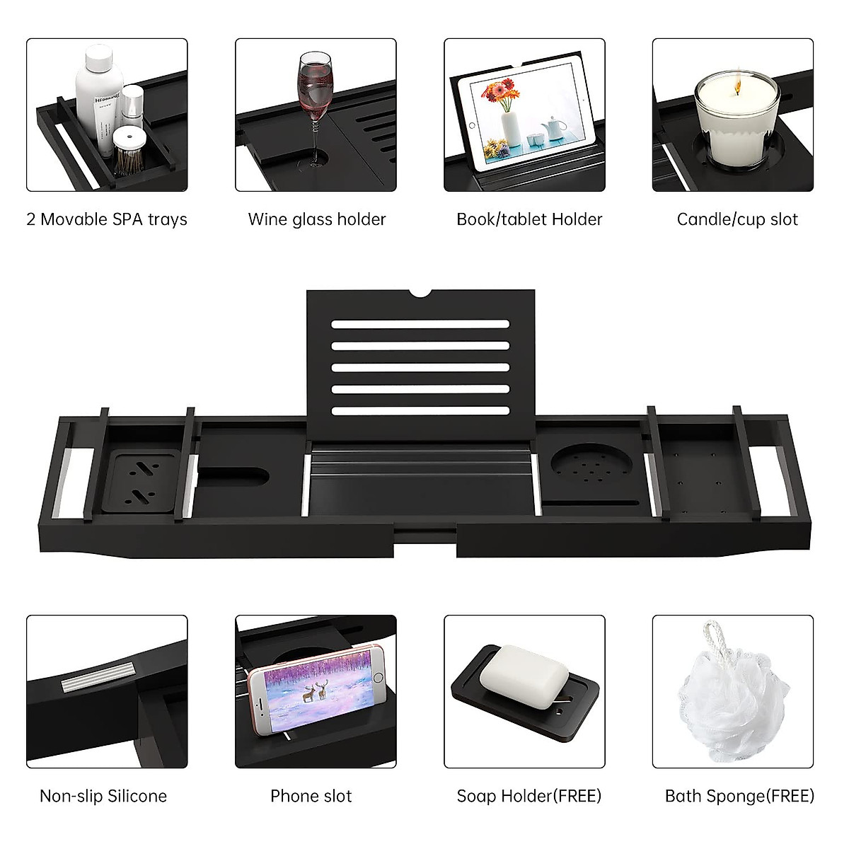 Bamboo Bathtub Tray for Luxury Bathroom, Expandable Premium Bath Tray w/Soap Towel Book Holder, Adjustable Bath Accessories for Tub,Extendable Tub Tray with Wine Glass Cup Organizer 29.5"-43.3" Black