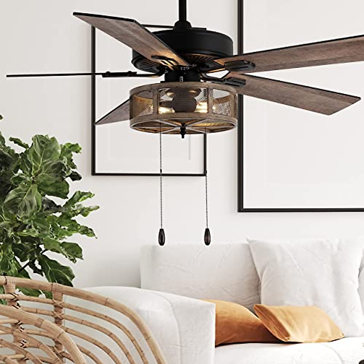 RIVER OF GOODS 52 Inch LED Modern Farmhouse Ceiling Fan with Light - Rustic Ceiling Fans with Lights - Elegant Industrial Fan with Mesh Metal Caged Shade - Brown
