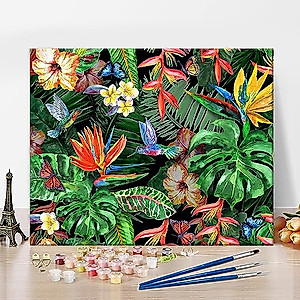 Tropical Flowers Watercolor Paint by Number, Leaves and Plants Paint by Numbers for Adults Kids Beginner, Bird DIY Oil Painting by Numbers on Canvas for Kids Perfect Gifts, 16x20 Inch, Without Framed