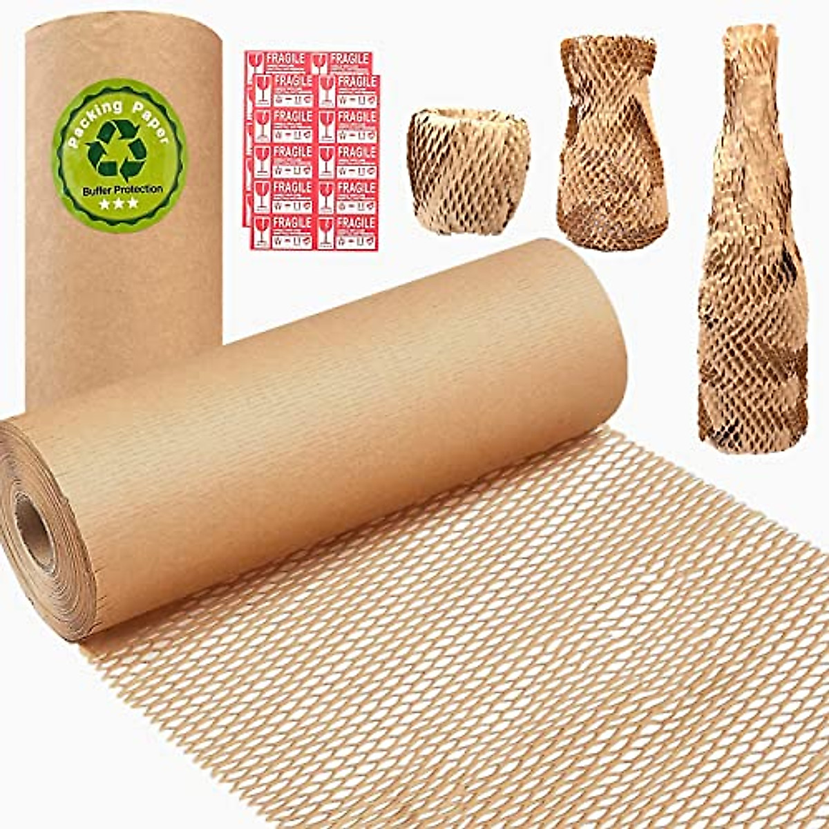 Honeycomb Packing Paper, HONSREO 15 Inches x 230 Feet Eco Friendly Recyclable Cushioning Material, Bubble Wrap for Moving Shipping Breakable Supplies with 20 Fragile Sticker Lables (Brown)