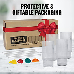 Ökabode POURMOI Tall Ribbed Glassware 4 Pack 11oz With Glass Straws and Drink Markers, Thick Vintage Glassware Ribbed Drinking Glasses | Cocktail Glasses | Iced Coffee Glasses Ribbed Highball Glasses