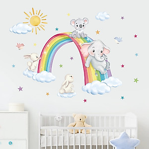 decalmile Rainbow Animal Wall Decals Elephant Koala Rabbit Clouds Wall Stickers Baby Nursery Kids Room Living Room Wall Decor