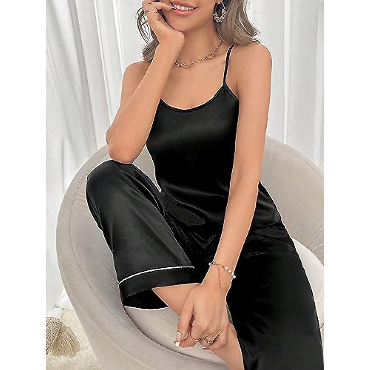 Ekouaer Satin Sleep Set for Women Spaghetti Strap Silk Pajamas Loose Fit Nightwear with Pockets(Black,XXL)