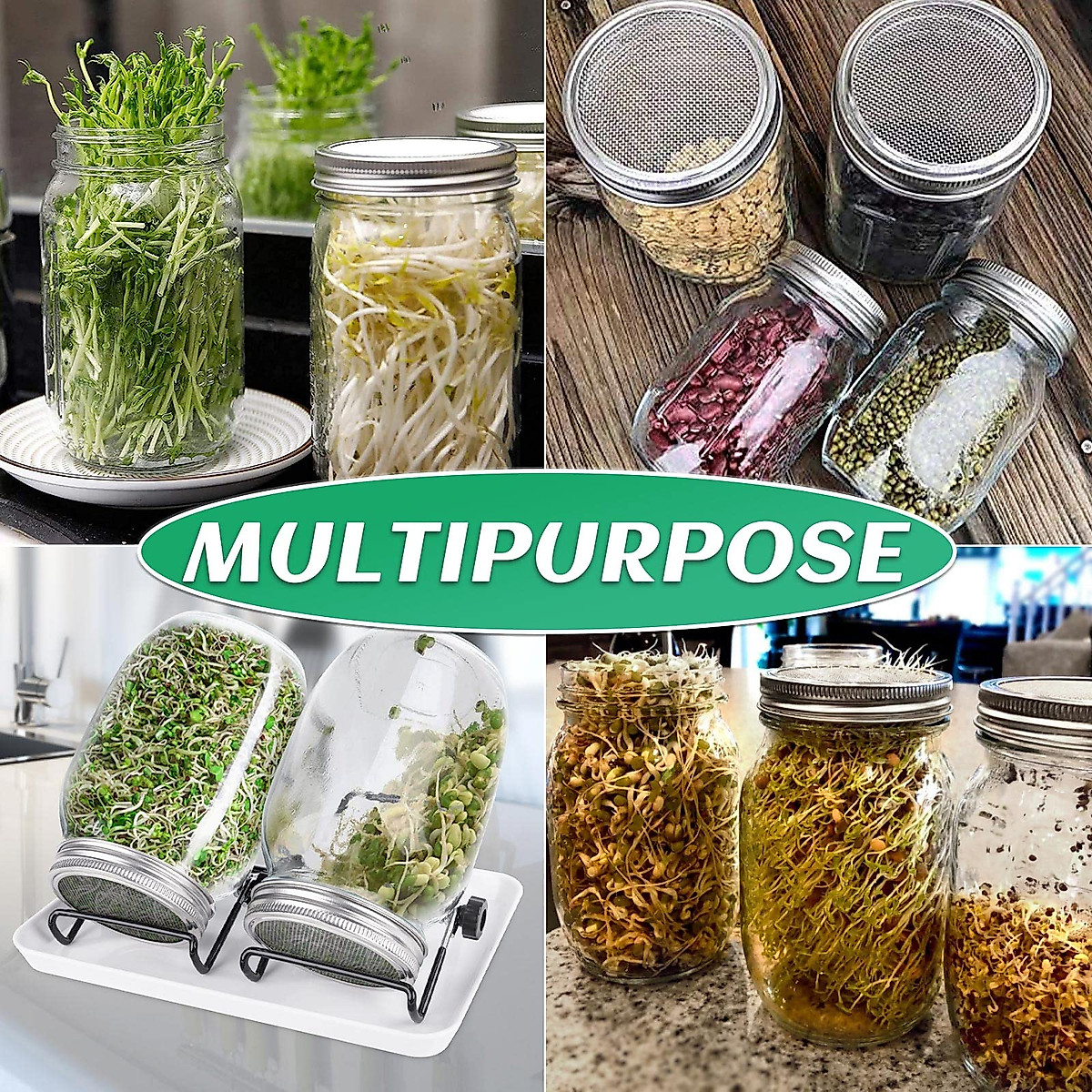 Seed Sprouting Jar Kit with 2 Wide Mouth Mason Jars Bean Sprouts Growing Kit Microgreens Growing Jar with Mesh Screen Lids Sprouter Sprouts Maker for Growing Broccoli, Alfalfa, Mung Bean