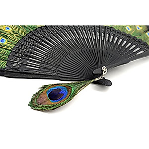 OMyTea Hand Held Folding Fan for Women Peacock Chinese Japanese Oriental Asian Style - for Wedding, Dancing, Church, Party, Gifts (Green)