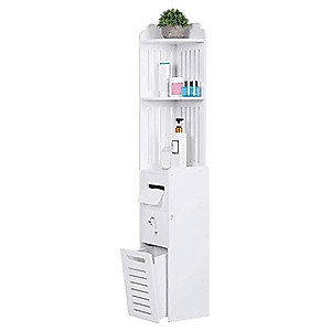 Small Bathroom Storage Corner Floor Cabinet, White Free Standing Storage Organizer Side Cabinet Thin Toilet Vanity Cabinet with Doors and Shelf for Paper Holder Shampoo