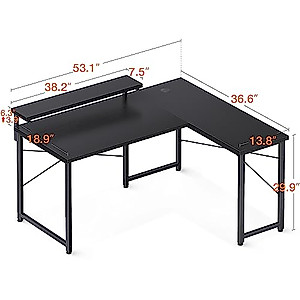 ODK L Shaped Desk with Monitor Stand, 53 inch Reversible Computer Desk, Corner Desk Home Office Desk, Writing Desk Gaming Desk, Black