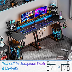 Reversible Corner Gaming Desk with LED Lights & Power Outlet, Computer Desk with Extra Storage Shelves, Small L Shaped Gamer Workstations with Monitor Stand for Bedroom, 39 Inch, Carbon Fiber Black