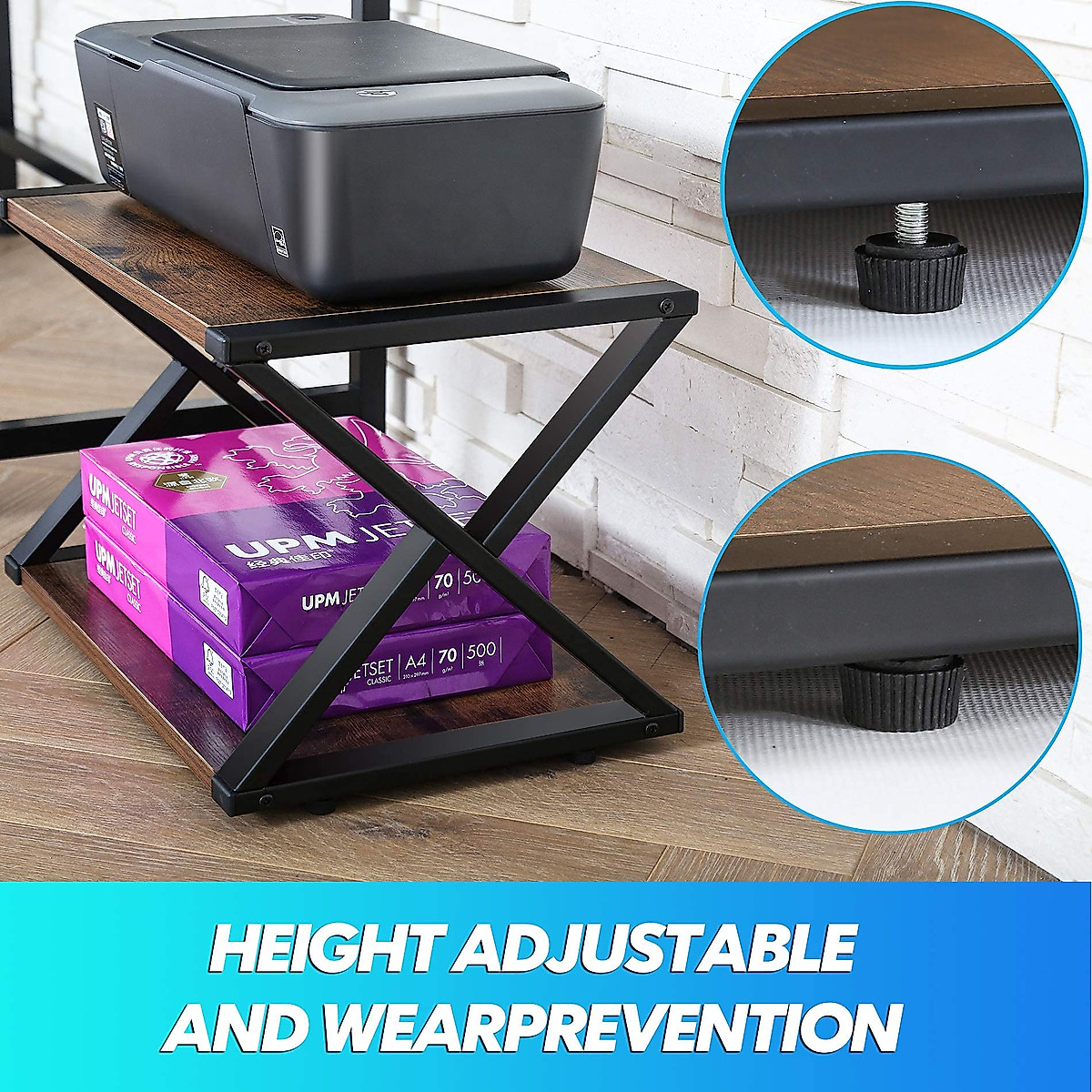 FITUEYES Desktop Printer Stand, Desk Printer Shelf for Small Space Storage , 2 Tiers Stackable Book Shelf Printer Table Organizer with Adjustable Feet for Home Office, Wood & Steel, (Rustic Brown)