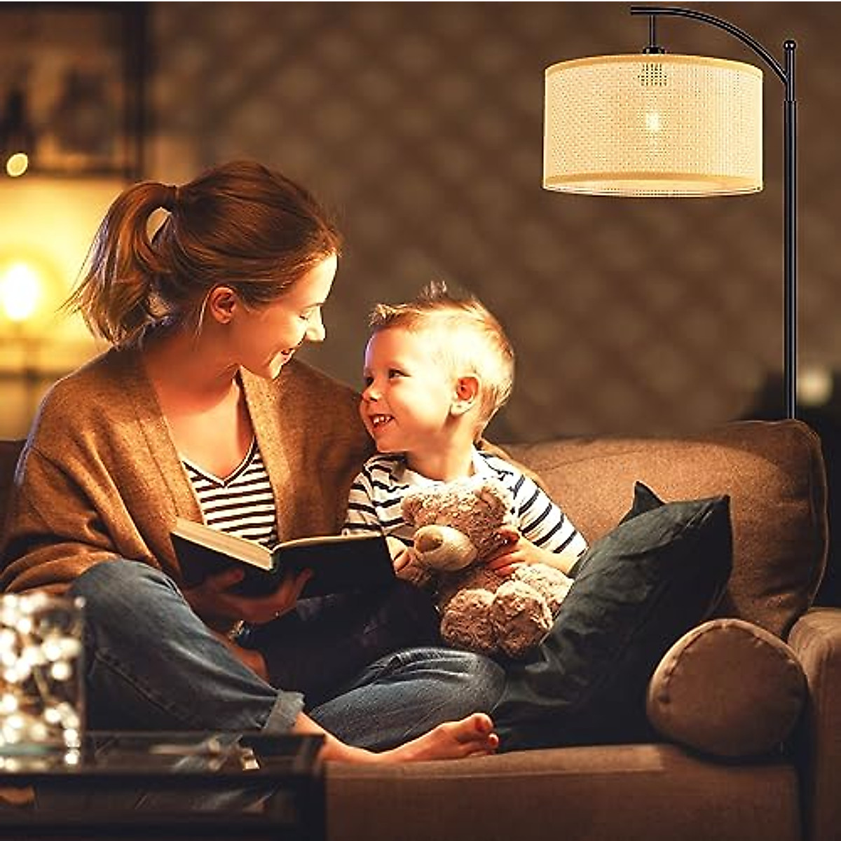 QIYIZM Floor Lamp with Remote Arc Boho Rattan Standing Lamp,Farmhouse Dimmable Industrial Black Wicker Floor Light Rustic Adjustable Tall Lamp,Bamboo Lamp Shade Floor Lamps for Living Room Bedroom