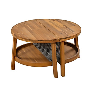 6-Person Outdoor Seating Group with Coffee Table, Half Moon Patio Sectional Sofa Set, All Weather Conversation Sofa Set with Acacia Wood Frame and Thick Cushions for Backyard Poolside (Beige+Acacia)