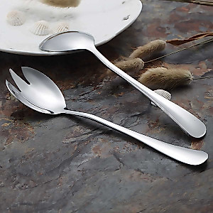 Goeielewe Pack of 2 Salad Spoon and Fork Salad Server Set, Stainless Steel Salad Serving Set, 7.7-Inch Serving Spoon and Fork Set for Salad, Gravies, Fruits, Soup or Pasta (Silver)