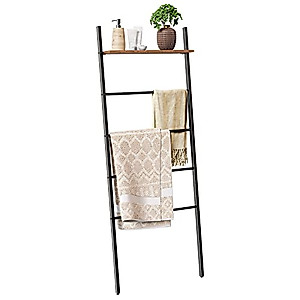 HOOBRO Towel Rack, 5-Tier Blanket Ladder, Wall Leaning Ladder Shelf, Blanket Rack with Shelf, 25.2" Wide Decorative Ladder for Bathroom, Rustic Brown BF73CJ01G1