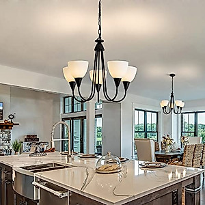 HuisMier 5 Light Contemporary Chandeliers with Alabaster Glass Shade, Modern Black Dining Room Chandelier Mid Century Hanging Pendant Lighting Fixtures for Living Room Foyer Bedroom