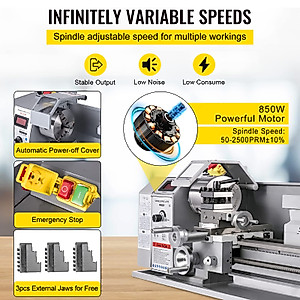 VEVOR Metal Lathe, 210x800 Mini Lathe Machine, 2500 RPM Variable Speed Change, 850W Precision Mini Lathe, Metal Working Lathe with Brushless Motor, Milling Machine for Various Metal Turning