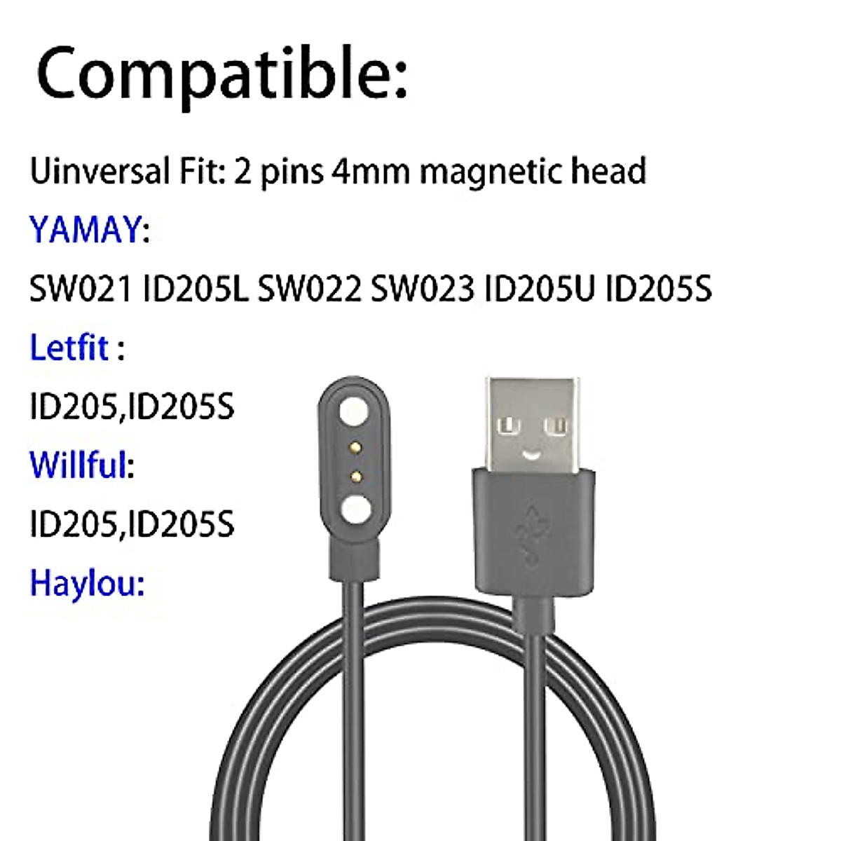 REEYEAR Smart Watch Magnetic Charger Cord [2 Pack], 2 Pin 3.3Ft USB Fast Charging Cable Fits for YAMAY SW021/023 YAMAY/WILLFUL/LETSFIT ID205L ID205U ID205S