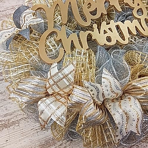 Silver Gold Ivory Christmas Wreath - Traditional Mesh Holiday Door Decor - Gold Ivory Cream TB7