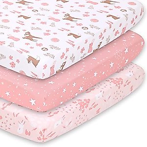 The Peanutshell Mini Crib Sheet Set for Girls, 3 Pack, Multiuse for Pack & Play, Playard, Playpen, Mini Crib, Pink Woodland Floral