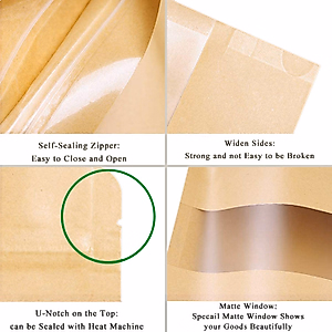 SumDirect Kraft Food Bags with Window - Resealable Kraft Stand Up Pouches, 50Pack 4.7x7.8inches Zipper Food Storage Bags for Packaging