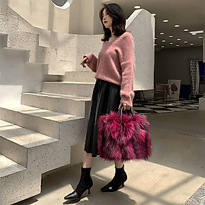 KAISHIN Women Full-pelt Fox Fur Shoulder Bags Ladies Genuine Cowhide Hard Handle Extra Large Handbags Rose