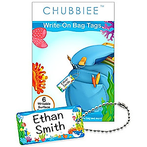 Child ID Bag Tags, Write-On Kids Name Tags for Backpack, Lunchbox & Diaper Bag, Great for Preschool & Daycare, Pack of 6 (Blue Ocean)