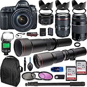 Camera Bundle for Canon EOS 5D Mark IV DSLR Camera w/ 24-105mm USM Lens + EF 75-300mm III Lens, 50mm f/1.8, 500mm Lens & 650-1300mm Lens, TTL Flash, 128GB Memory + Professional Bundle (Renewed)
