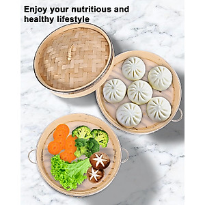 Niuirt Bamboo steamer basket set 8-inch, 2-tier dumpling steamer with side handles and 50pcs paper liners for buns, dim sum, dumplings, vegetables, and seafood.