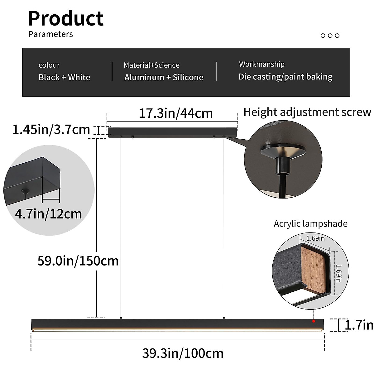 Mikeru Dimmable 3000k-6000k Linear Pendant, 39 Inch Modern LED Pendant Light with Remote Control, Adjustable Cable Suitable for Office Dining Room Kitchen Island, Billiard Room (39inch)