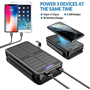 Solar Charger 38800mAh Solar Power Bank with Dual 5V3.1A Outputs 10W Qi Wireless Charger Waterproof Built-in Solar Panel and Bright Flashlights
