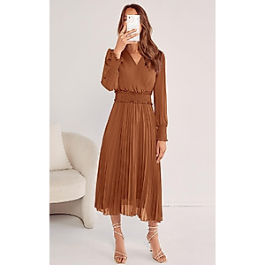 PRETTYGARDEN Women's Midi Long Puff Sleeve Summer Dresses 2024 Smocked Waist V Neck Flowy Ruffle Pleated Casual Long Dress (Brown,Medium)