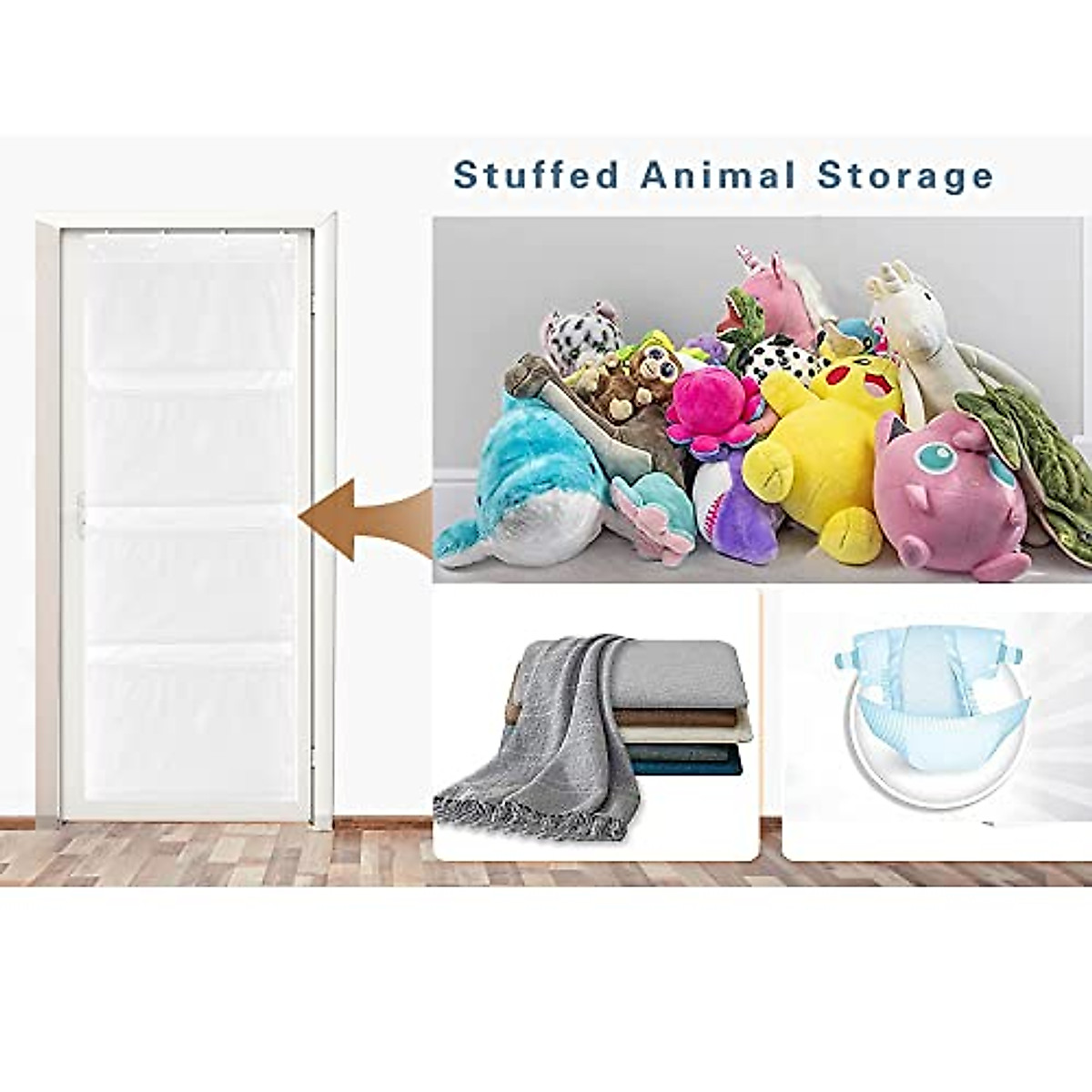 YYCWYSH Stuffed Animal Storage,Over The Door Organizer Storage Large Plush Toy Organizer with 4 Large Pockets, Stuffed Animal Net or Hammock Baby Accessories Holder for Girls Boys Kids Room White
