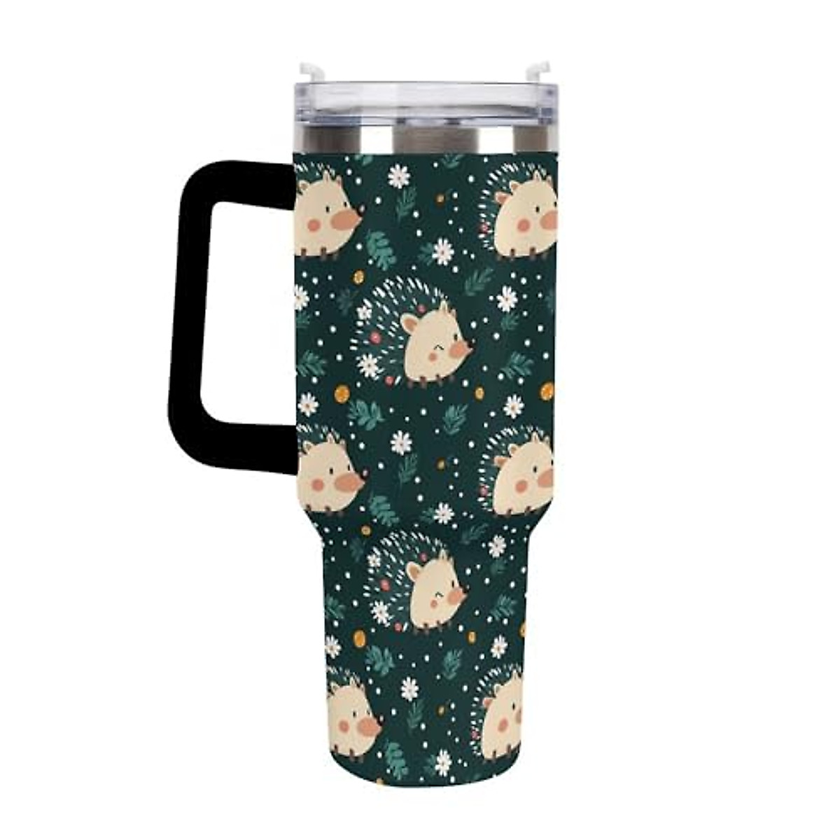 Cute Hedgehogs Flowers Tumbler with Handle Travel Mug Water Bottle Tea Coffee Cup Black-style