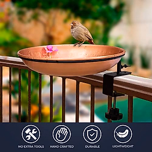 Monarch Abode 17066 Hand Hammered Deck Mounted Bird Bath Feeder Bowl Detachable Outdoor Decor for Garden Backyard Patio and Deck, 1.75 inch Thick Iron Clamp, Pure Copper