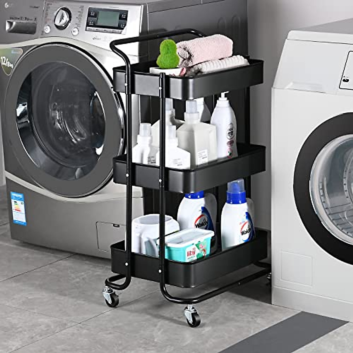 TOOLF 3 Tier Metal Rolling Cart, Utility Cart with Handle, Multifunction Storage Cart with Lockable Wheels, Serving Organizer Trolley with Mesh Basket for Kitchen, Bathroom, Office