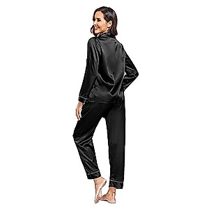 Super Shopping-zone Women's Soft Long Satin Pajama Set Long Sleeve Pjs Set Sleepwear Silk Loungewear Black