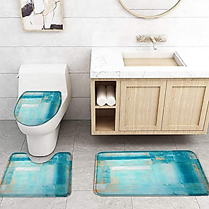 LiDU Teal Yellow 4 Pcs Shower Curtain Set, 72" x 72" Waterproof Shower Curtains with 12 Hooks, Modern Oil Painting Abstract Geometric Aesthetics Bathroom Sets with Shower Curtain and Rugs