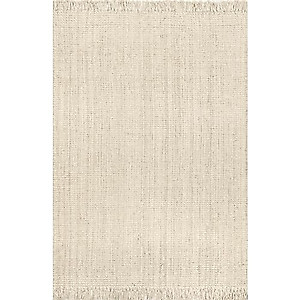 nuLOOM 6x9 Daniela Jute Tassel Hand Woven Area Rug, Off White, Solid Chunky Farmhouse Design, Natural Fiber, For Bedroom, Dining Room, Living Room, Hallway, Office, Entryway
