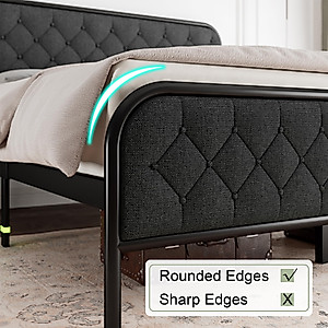 Feonase King Size Bed Frame with Linen Upholstered Headboard, Heavy Duty Metal Platform Bed with 12" Under-Bed Storage Space, No Box Spring Required, Easy to Assemble, Gray