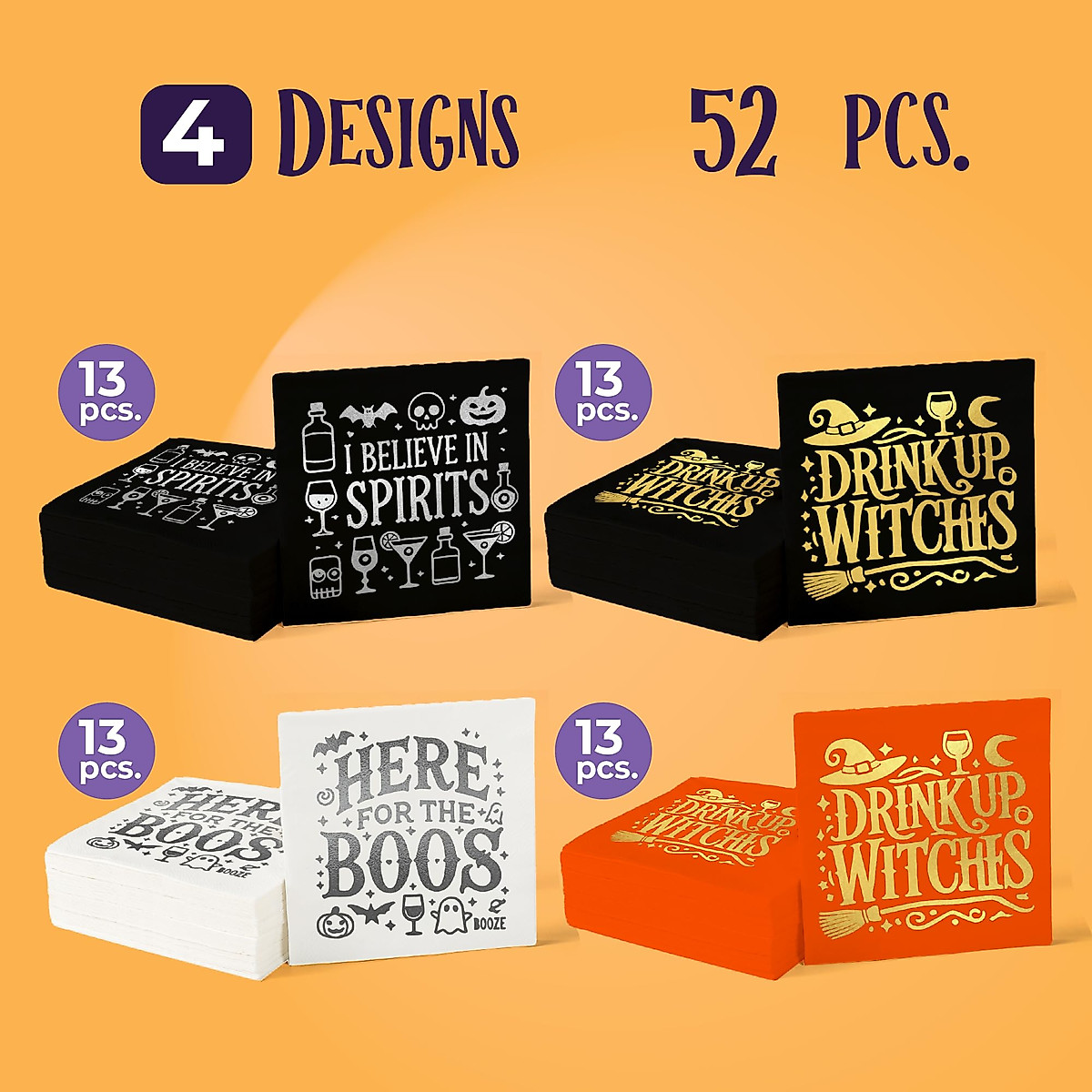 Halloween Napkins, Halloween Cocktail Napkins 52 Pcs, 4 Different Designs 13 Pcs Each Halloween Napkins Disposable, Witch Napkins, Halloween Party Napkins, Spooky Napkins, Witch Party Supplies