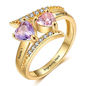 Lam Hub Fong Mom Ring Sterling Silver Personalized 2 Birthstones Rings for Women Custom Name Ring Gold Promise Rings for Her Christmas Gifts for Grandmother Wife New Mom