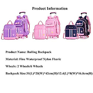 Bowknot Kids Girls Rolling Backpack Cute Carry-on Luggage with Wheels Trolly BookBag for School-2 Wheels