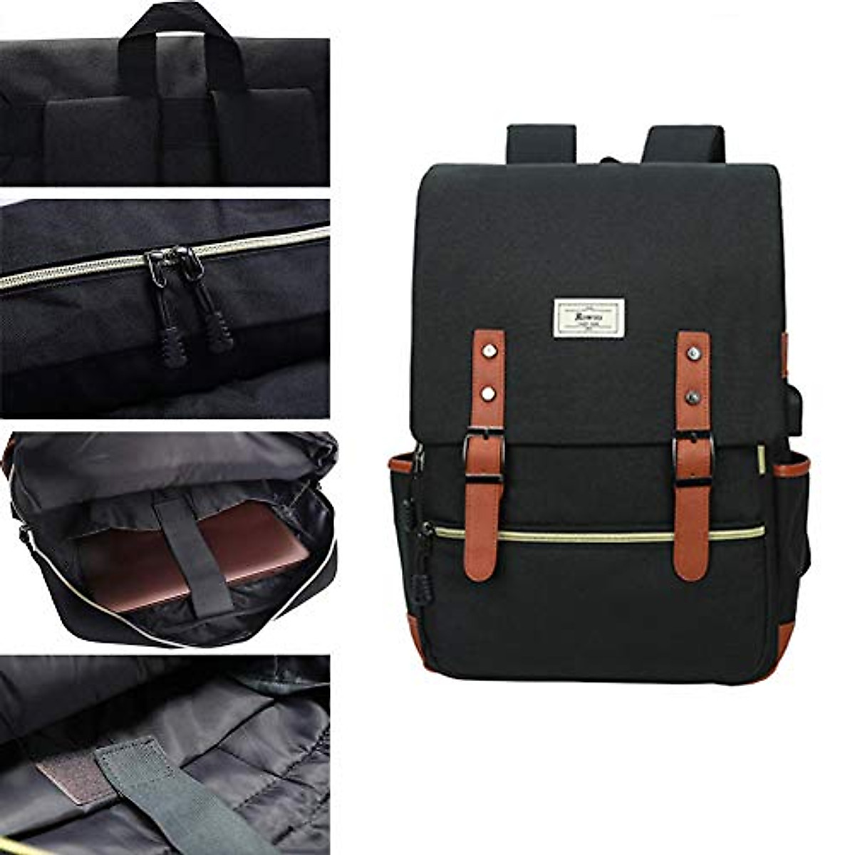 Ronyes Vintage Laptop Backpack College School Bag Bookbags for Women Men 15.6’’ Laptop Casual Rucksack Water Resistant School Backpack Daypacks with USB Charging Port (Black)