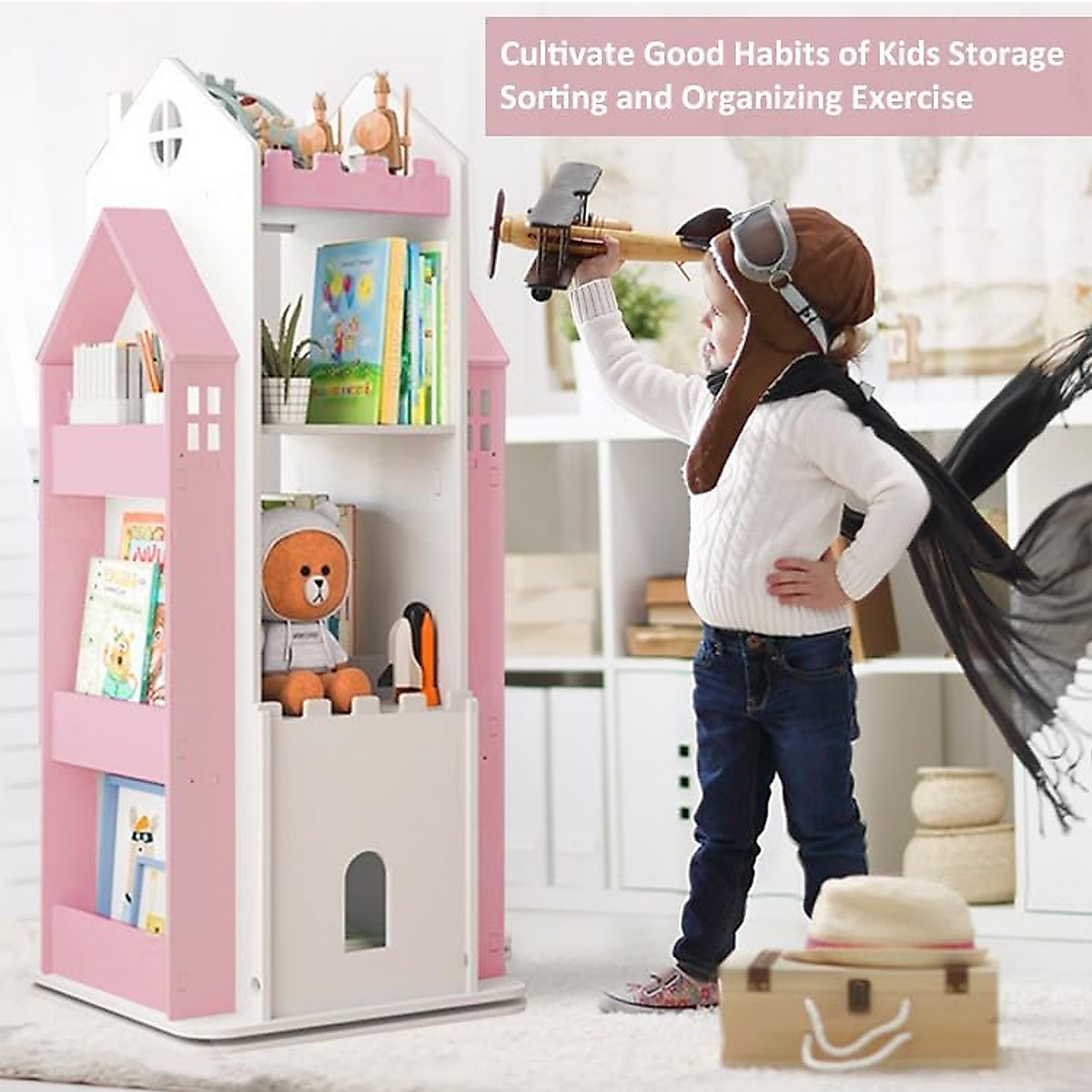 MOUDAO Rotating Bookshelf 360° Castle Kids Bookshelf Toy Storage Organizer Rack, Pink White Corner Bookshelf for Kids Toddler Children, Home Office Furniture Bookcase