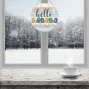 CHDITB Hello Welcome Winter Door Sign Decoration(12"x12"), Round Colourful New Year Wall Hanging Decor with Snowflake Gloves Mitten, Rustic Christmas Holiday Door Hanger for Front Porch Farmhouse