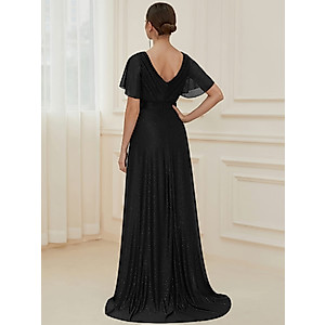 Ever-Pretty Womens Evening Dresses V Neck Short Sleeves A-line Glitter Formal Dresses Black US16