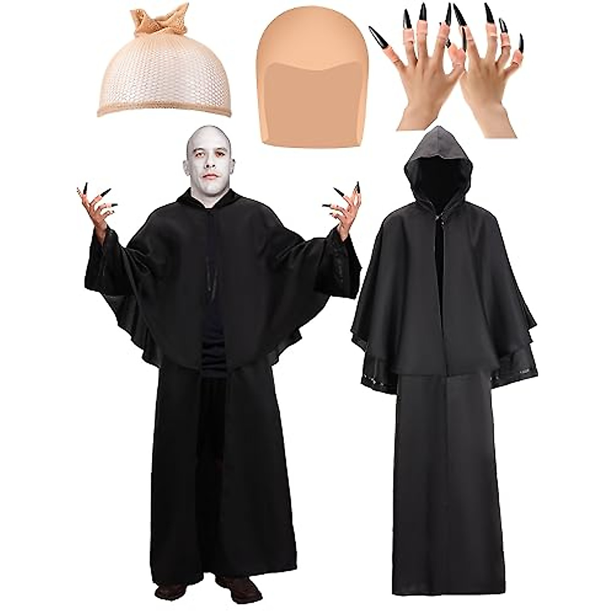 Ramede Halloween Wizard Costume with Black Capes Bald Cap Hairnet and False Nail Finger Tips for Holiday Cosplay Party Men (Large)