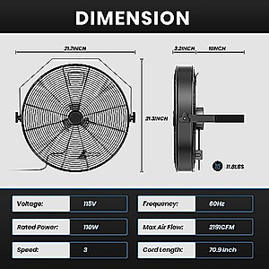 Simple Deluxe 18 Inch High Velocity Wall Mount Fan with Rack, 3 Speed Industrial/Commercial Metal Ventilation Fan, Black